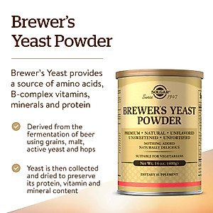Solgar Brewer's Yeast Powder, 14 oz - Rich Source of Amino Acids, B-Complex Vitamins, Minerals, & Protein - Natural, Unflavored, Unsweetened - Dairy Free, Vegetarian - 13 Servings (Packaging may vary)