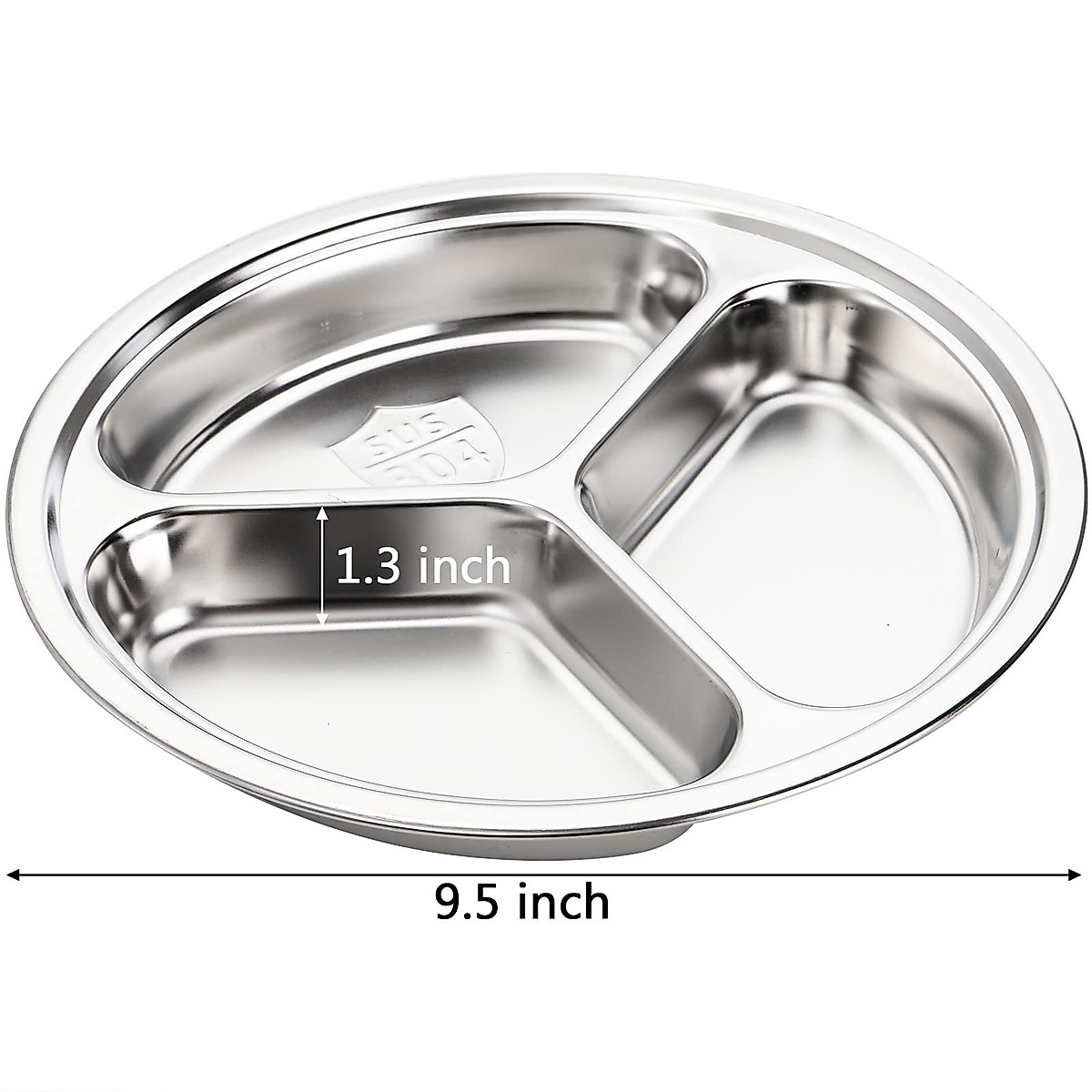 Hacaroa 4 Pack Stainless Steel Round Divided Plates, 9.5 Inch Dinner Snack Plates with 3 Compartment, Divided Tray Food Serving Platter for Kids, Adults, Camping, Lunch and Dinner