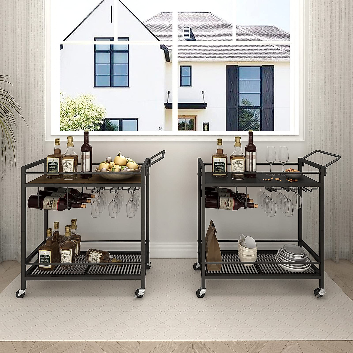 LAATOOREE Bar Cart, Two-Color Home Bar Serving Cart, Mobile Drink Beverage Cart with 2 Storage Shelves, Rolling Kitchen Cart with Wine and Glass Holder, for Dinning Room, Living Room, Kitchen
