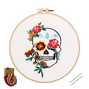 Nuberlic Embroidery Kit Cross Stitch Kits for Beginners Skull with Flowers Pattern DIY Needlepoint Kit for Adults