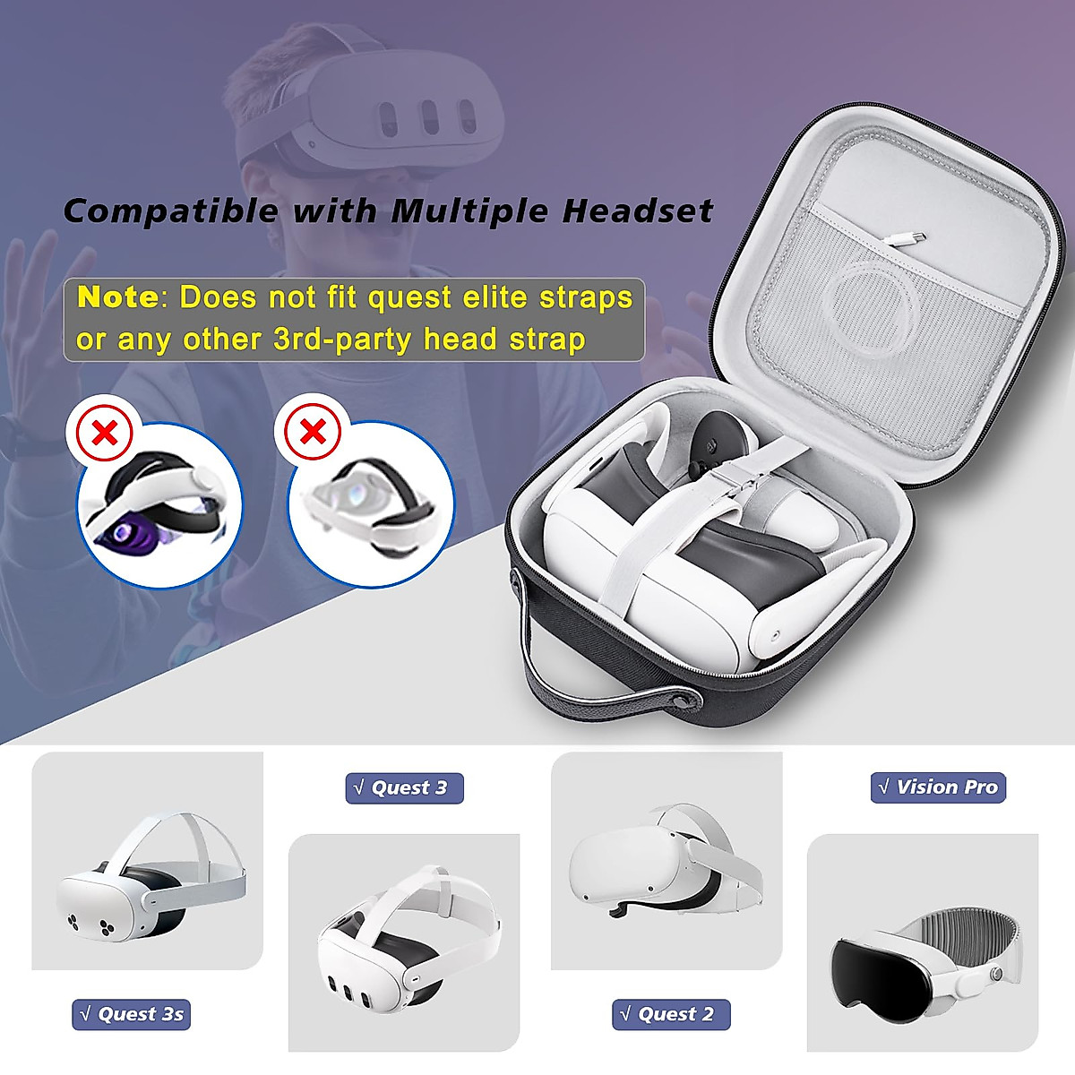 Krypthos Hard Carrying Case Compatible with Meta Quest 3S/Quest 3/Quest 2/Vision Pro, Portable VR Gaming Headset and Touch Controllers Case with Lens Protector, for Travel and Home Storage (Black)