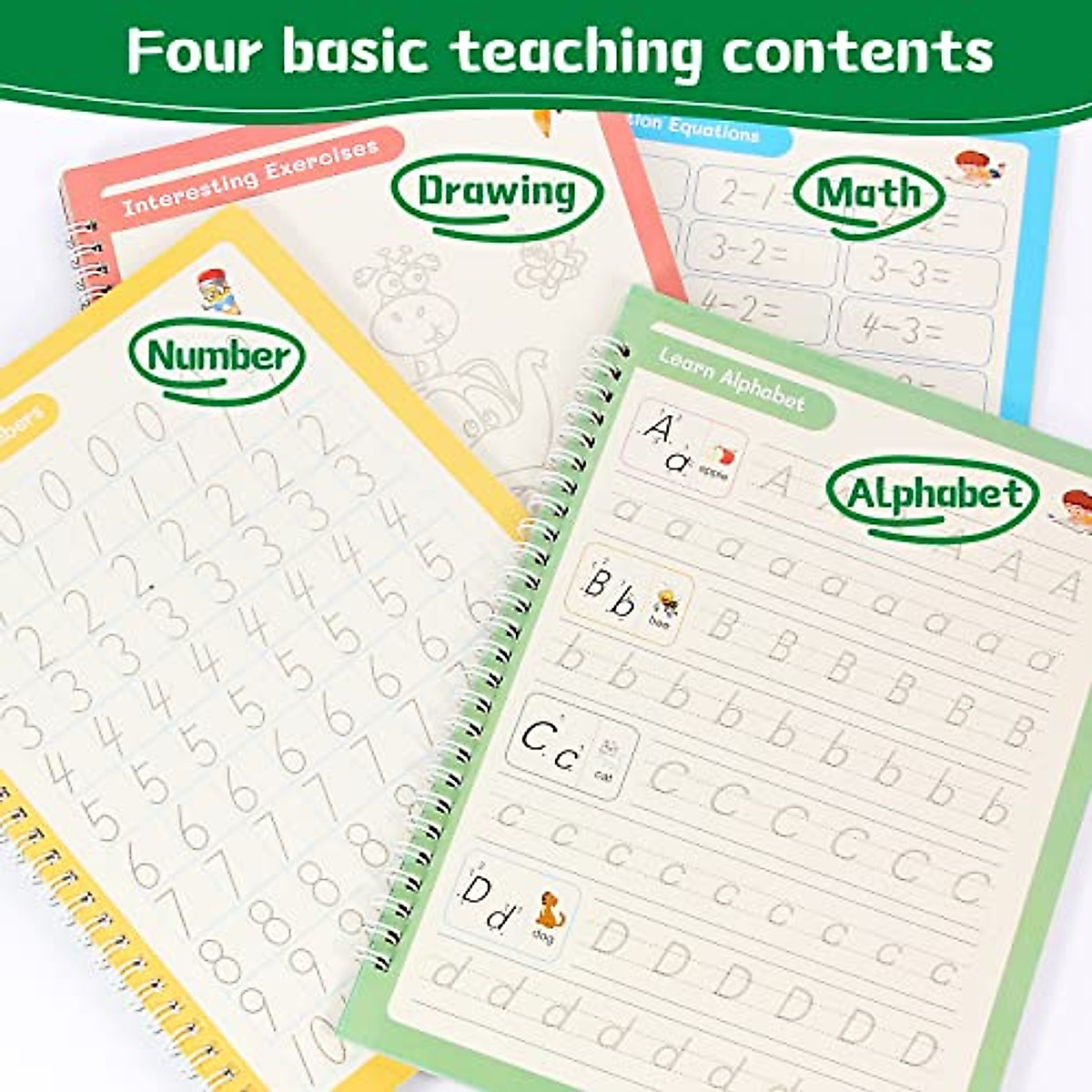 Magic Ink Practice Copybook for Children Ages 3-8, Reusable Writing Practice Book for Preschools Grooves Template Design,Handwriting Practice for Kids,Magic Practice Copybook Set(4 Books with Pens)