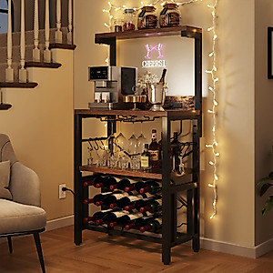 YITAHOME Small Kitchen Microwave Bakers Stand Wine Rack, Wine Rack Freestanding Floor, Coffee Bar Storage with Power Outlet for Liquor Thicken Shelf Farmhouse Dining Room, Rustic Brown