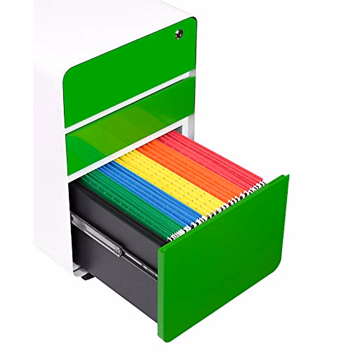 Laura Davidson Furniture Stockpile Flat 3 Drawer File Cabinet with Lock - Under Office Desk Metal Filing Cabinet, Legal/Letter File Folders, Wheels and Stationary Feet, Pre-Assembled, Green