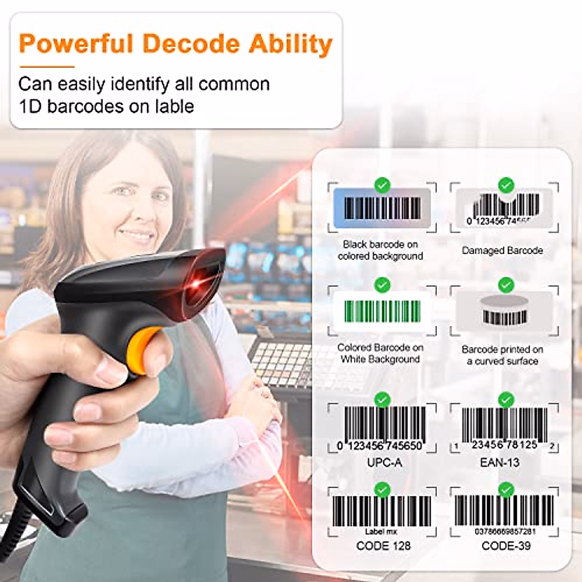 1D Laser Wired Barcode Scanners Readers, Wired Handheld Laser Barcode Scanner, Automatic 1D Bar Code Reader for Supermarket, Convenience Store, Warehouse