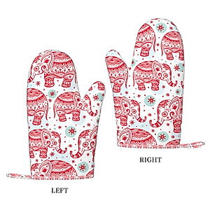 Oven Mitts Heat Resistant Silicone and Polyester Indian Lotus Ethnic Elephant Print Kitchen Mitts Thick Oven Gloves for Cooking, BBQ, Baking, Grill, Pizza Pair