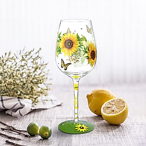 NymphFable Hand-painted Wine Glass Sun Flower Butterfly Artisan Painted 15oz Personalised SunFlower Gifts for Women