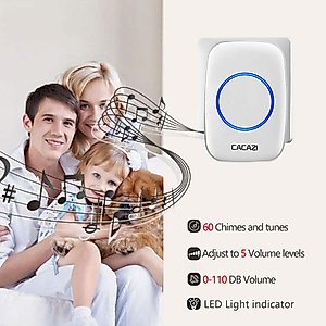 Wireless Doorbell kit, Plug-in Receiver, Waterproof Push Button with 1000 feet Operating Range, 5 Volume Levels, 60 Chimes, LED flash & CD Sound For Home/Office/Classroom Use (1x1 White)