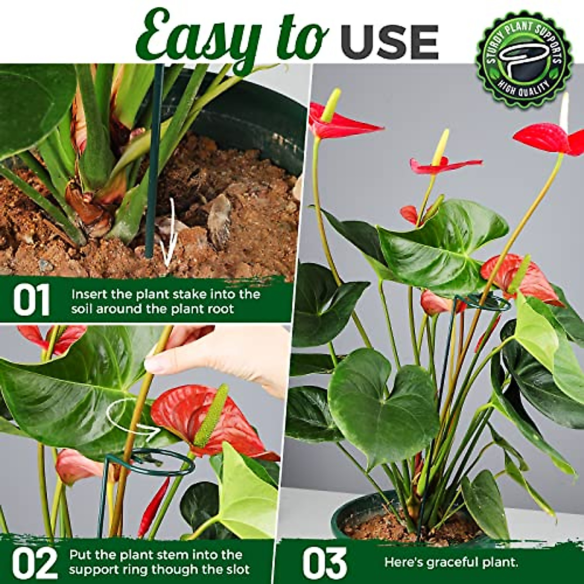 LEOBRO 4 Pack Plant Support Stakes, Garden Single Stem Flower Plant Support, Plant Cage Support Ring, Plant Sticks, Plant Stakes for Indoor Plants Amaryllis Orchid Peony Tomato Flower, 40CM/15.8INCH