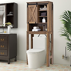IFANNY Over The Toilet Storage Cabinet, Tall Bathroom Cabinet with Sliding Barn Door & 3-Level Adjustable Shelves, Freestanding 4-Tier Over Toilet Shelf, Farmhouse Bathroom Space Saver, Rustic Brown