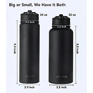 Mininoo 24 oz Insulated Water Bottle with Straw, Stainless Steel Double Wall Vacuum Thermos with Straw Lid & Chug Lid, Leak Proof, BPA Free, Keep Cold for 24H & Hot for 12H(Black)