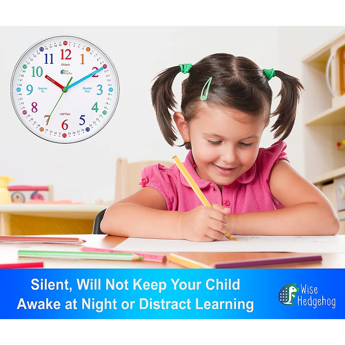 WISE HEDGEHOG Learning Clock for Kids, Silent Non Ticking, Telling Time Teaching Clock, Kids Room Wall Decor for Bedrooms, Analog Kids Clock for Teaching Time, Kids Learn to Tell Time Easily