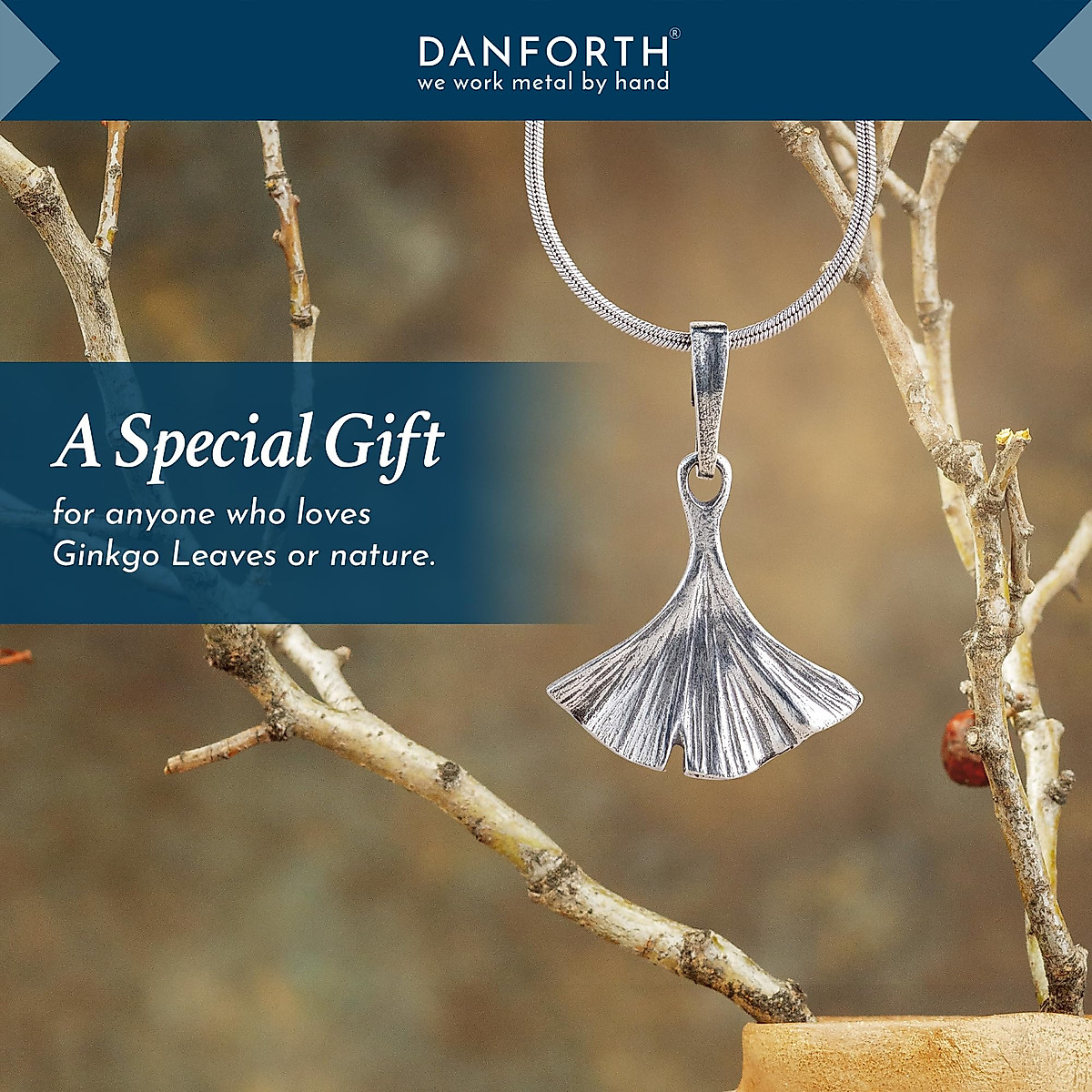 DANFORTH – Ginkgo Leaf Necklace – Pewter Nature Pendant & 18 In Sterling Silver Snake Chain, Nickel-Free – Trendy Boho Jewelry For Women – Handmade Necklaces for Women – Made In USA