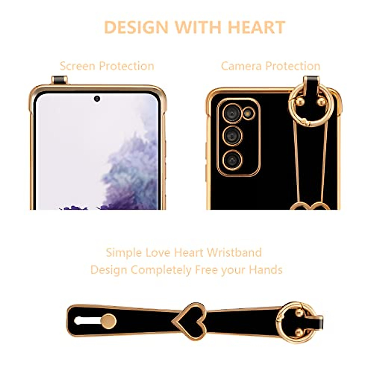 ZTOFERA Designed for Samsung Galaxy S20 FE 5G Case with Wristband,Plating Edge Love Hearts Pattern Hand Strap Finger Holder Kickstand Case,Soft Shockproof Cover for Girls Women,Black