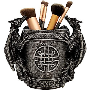 DWK - Literary Beasts - Twin Double Dragon Celtic Gothic Pen Pencil Desk Organizer Makeup Brush Holder Art Supply Caddy Home Office Accent Storage Accessory, Antique Silver Pewter, 6.5-inch