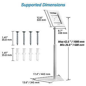 AVLT Height Adjustable Anti-Theft 10.5” Tablet Kiosk Floor Display Stand Compatible with iPad 9.7", 10.2", Pro 10.5", Air 10.5" (Gen 3), Samsung Galaxy Tab A 10.1" (2019) - White