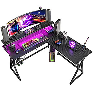 CubiCubi 51 Inch Gaming Corner Desk with LED Strip and Large Monitor Stand, Ergonomic Gaming Table, Gamer Desk, L Shape, PC Corner Table, Computer Desk with Hook for Headphone