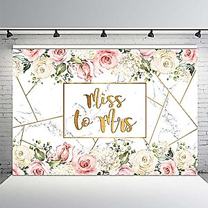 MEHOFOND 7x5ft Miss to Mrs Backdrop for Bridal Shower Pink White Floral White Gold Marbled Wedding Party Decorations Photography Background Engagement Party Banner Supplies Photo Booth Props