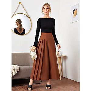 Floerns Women's Solid Color High Waist Fold Pleated Detail Wide Leg Palazzo Pants Brown M