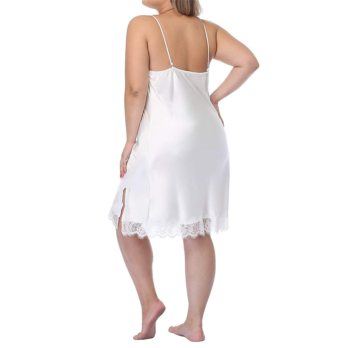 Women's Plus Size Full Slips Lace Chemise Lingeries Sexy Front Slit Negligees Silky Nightgown Sleepwear White