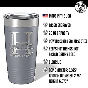 Personalized 20oz (17 Colors) Powder Coated Insulated Stainless Steel Tumbler with Lid, Custom Etched, Customized Engraved Gift Idea for Women Men Her Him, Halpert Monogram Initial Name (Gray)