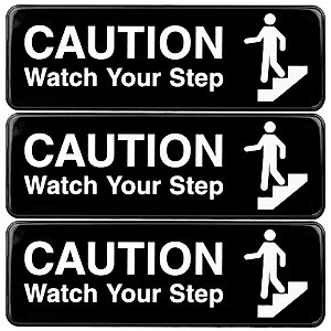 Excello Global Products Caution Watch Your Step Sign: for Business Restaurants Offices Indoor Outdoor Use Easy to Mount Informative Plastic Sign with Symbols 9” x 3”, Pack of 3 (Black)