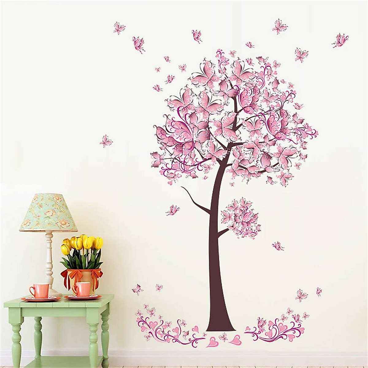 BIBITIME Beautiful Butterfly Tree Wall Decals Living Room Branch Butterflies Hearts Vinyl Sticker for Nursery Bedroom Kids Room Decor Art Mural DIY PVC Decorations