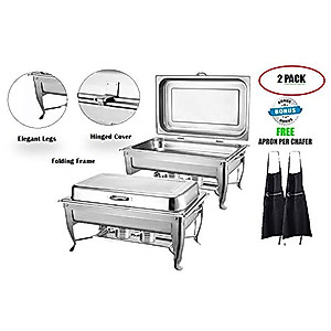 CHEFQ [2 Pack| 8Qt Deluxe Hinged Chafing Dish Foldable Frame Buffet Chafer Stainless Steel Food Warmer and 2 Aprons
