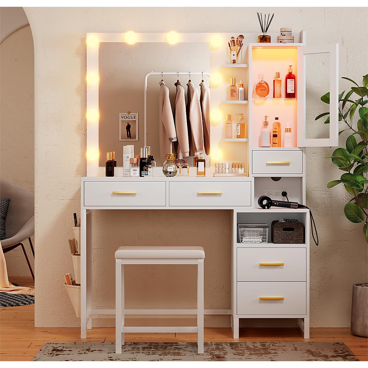 CSZZD Makeup Vanity Desk with Mirror and Lights, White Vanity Desk with Charging Station, LED Cabinet, 5 Drawers & Storage Bag, Vanity Mirror with Lights Desk and Chair, Vanity Table Set with Stool