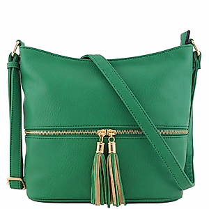 FashionPuzzle Lightweight Tassel Zipper Bucket Crossbody Bag (Kelly Green) One Size