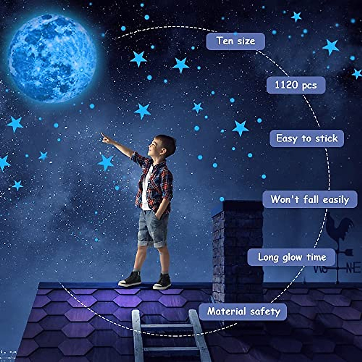 Glow in The Dark Stars for Ceiling, 1120PCS Airsnigi Glow in The Dark Wall Decals Long-Lasting Glowing Star Wall Stickers Perfect Gifts for Kids Room Decor, Halloween, Christmas - Blue