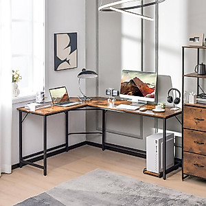 COSTWAY L-Shaped Desk with CPU Stand, 66 Inch Wooden Top Space-saving Corner Desk w/Metal Frame, Large Computer Gaming PC Desk, Writing Table Study Desk for Bedroom, Study, Office (Rustic Brown)