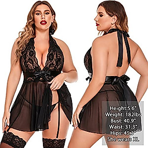 Avidlove Lingerie for Women Lace Babydoll Dress Backless Halter Chemise Sleepwear Black L