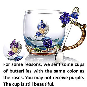 Tea Cup Glass Coffee Mugs Enamel Rose Flower Butterfly Drinking Cups with Spoon Set Unique Gifts for Birthday Wedding Christmas Blue Rose Mug 12oz