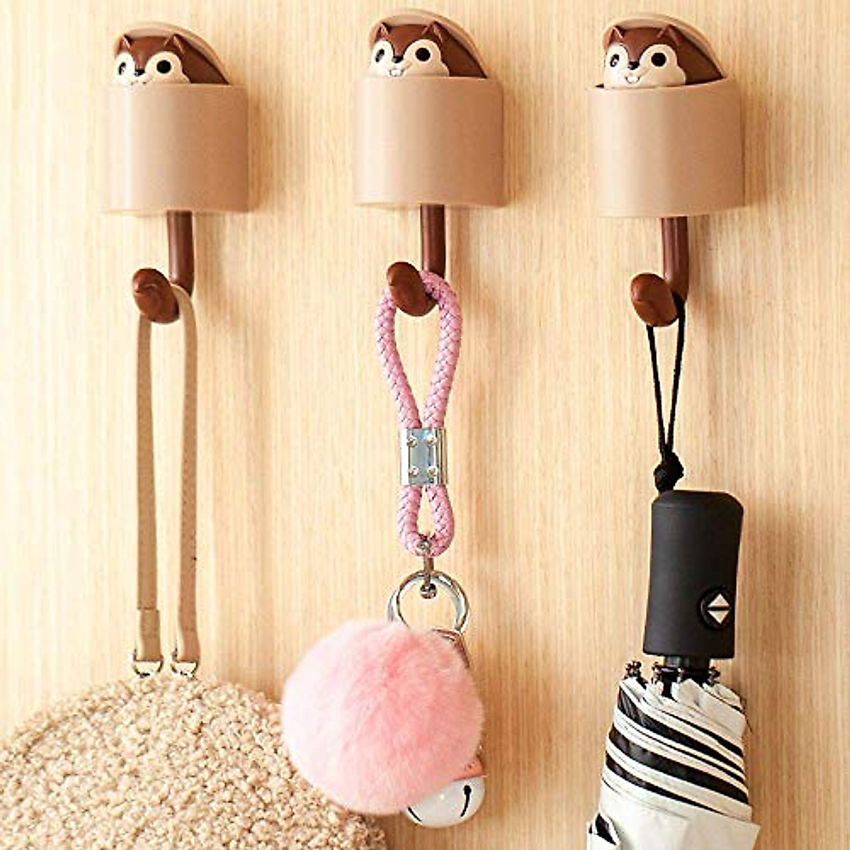 HomeDo 4Pack Adhesive Wall Hooks for Coat, Key, Scarf, Hat, Towel, Bag, Utility Cat Hook for Wall Hanging Decorations, Lovely Entryway Hat Hook Organizer. (Squirrel Hooks-4Pack)