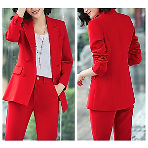 LISUEYNE Women’s Two Pieces Blazer Office Lady Suit Set Work Blazer Jacket and Pant (Red, Medium)