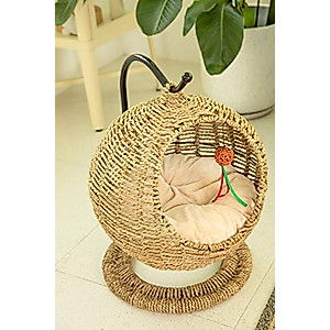 YoSpot Hand Made Wicker Cat Bed Basket Swinging Pet House Nest for Small Dog Cat with Cushion