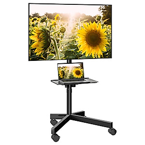 Mobile TV Cart for 23-60 Inch LED LCD Flat Curved Panel Screens TVs, Rolling TV Stand with Wheels Holds Up to 55lbs, Height Adjustable Portable Floor Stand with Media Shelf Tray, Max VESA 400x400mm
