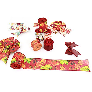 1.5" and 2.5'' Burgundy Fall Pumpkin Maple/Oak Leaf Wired Ribbon for Autumn and Thanksgiving Holiday 6 Rolls Total 30 Yards in Length (Fall Pumpkin)