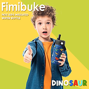 Fimibuke Kids Insulated Water Bottle, 14oz BPA FREE 18/8 Stainless Steel Travel Tumbler Double Wall Vacuum Leak Proof Kids Cup with Straw Metal Bottle for School Boys Girls(1 Pack, BLUE DINOSAUR)