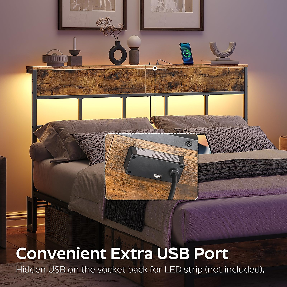 YATINEY Queen Size Headboard Only, Headboard for Queen Size Bed with Storage, Industrial Wooden Headboard with Outlet, USB and Type C Port, Adjustable Height, Sturdy and Stable, Rustic Brown and Black