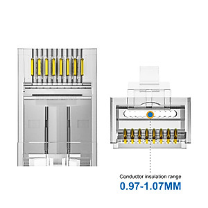 iwillink 100-Pack RJ45 Cat6 Pass-Through Connectors, Gold-Plated Ethernet Crimp Plugs for Solid and Stranded Wire, UTP Network Cable Termination