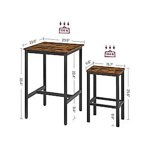 VASAGLE Bar Table and Chairs Set, Square Bar Table with 2 Bar Stools, Dining Pub Bar Table Set for 2, Space Saving for Kitchen Breakfast, Living Room, Party Room, Rustic Brown and Black