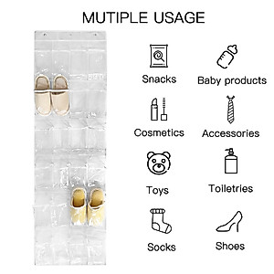 TidyMaster 1 Pack 24 Clear Crystal Pockets Large Hanging Shoe Organizer Over The Door Shoe Rack for Closet Door Storage Shoe Holder Hanger, 3 Hooks, White (64'' x 18.5'')