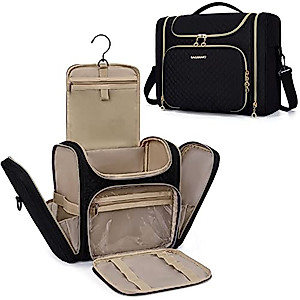 BAGSMART Toiletry Bag, Travel Toiletry Bag for Women, Water-resistant Cosmetic Makeup Bag, Large Capacity Door Room Essentials Travel Organizer for Full Sized Toiletries and Cosmetics, Black