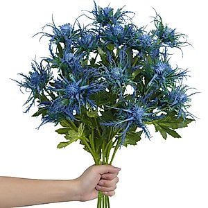 LUZOGA 3 Branch Blue Artificial Thistle Flower Bouquet for Home Wedding Centerpiece Kitchen Office Garden Decor