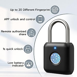 Fingerprint Padlock, Pothunder Padlock, Locker Lock, Combination Lock, Fingerprint Lock with APP Unlock, USB Rechargeable, Suitable for Gym Locker, Door, Locker(Black)