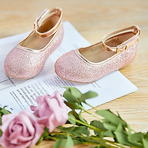 Flaryzone Toddler/Little Girls' Glittery Ankle Strap Mary Jane Flats Wedding Flower GILR Princess Dress Shoes (Pink,Toddler-Size 9)