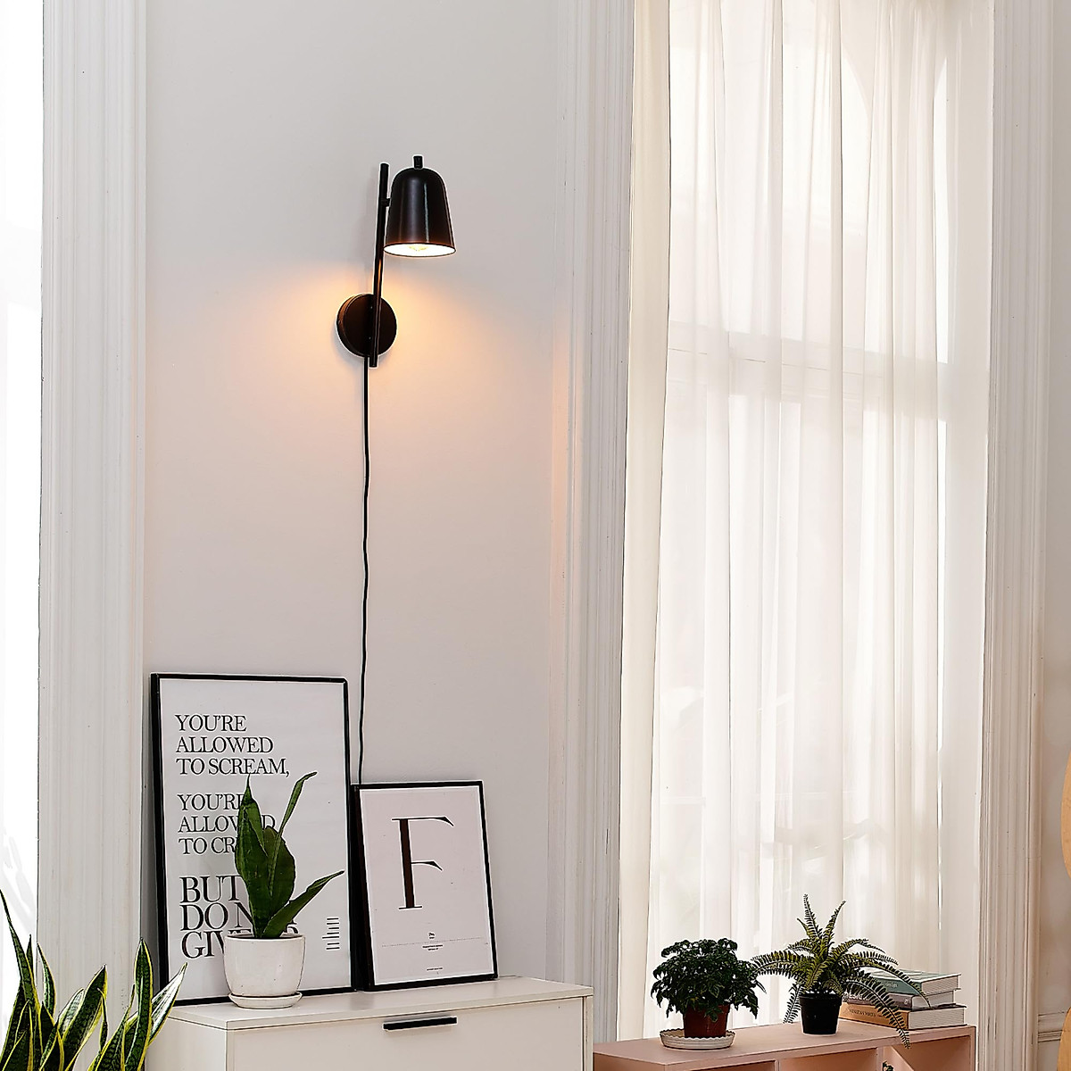 Globe Electric 65000049 1-Light Plug-in or Hardwire Wall Sconce, Matte Black, Pivoting Shade, Black Braided Fabric Designer Cord, E26 Base Socket, Home Décor, Wall Lighting, Home Improvement