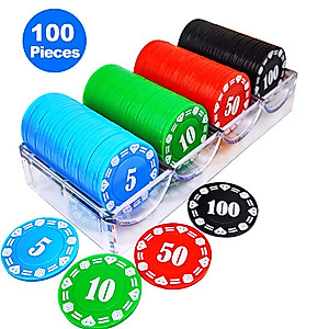 Lynkaye Plastic Poker Chips Set of 100 Pcs with Storage Box,Denomination Printed Casino Style Chip for Texas Home Game Holdem Poker Nights,Blackjack,Roulette Games